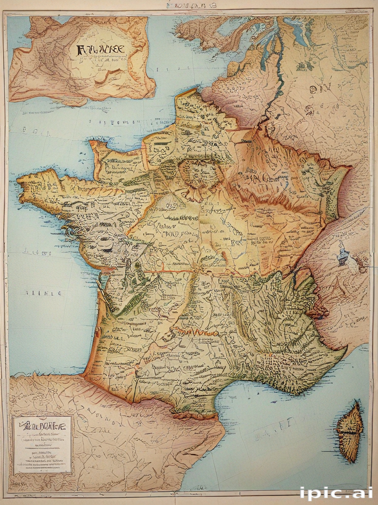 Historical Map of France Showing Regions and Geographical Features in ...