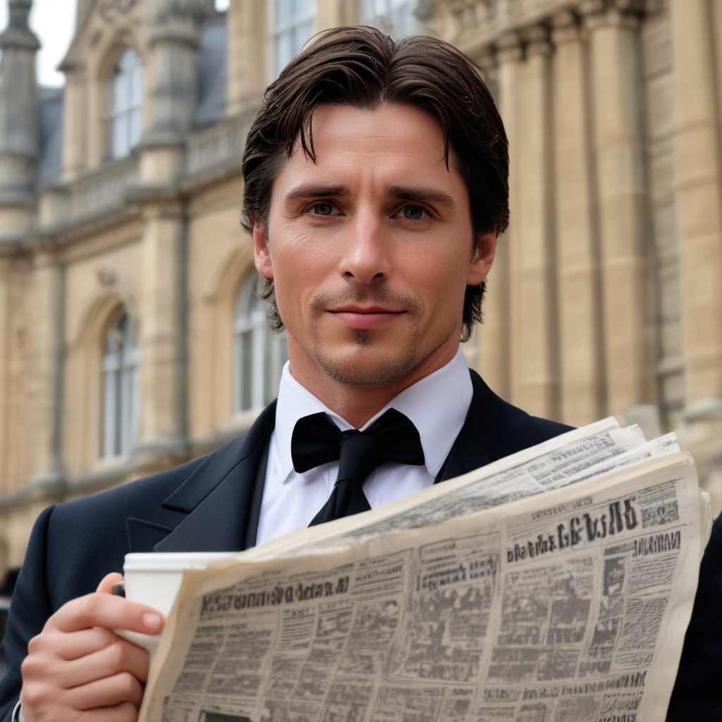 Christian Bale as bruce wayne in tuxedo and Allison mack , muscle, with ...