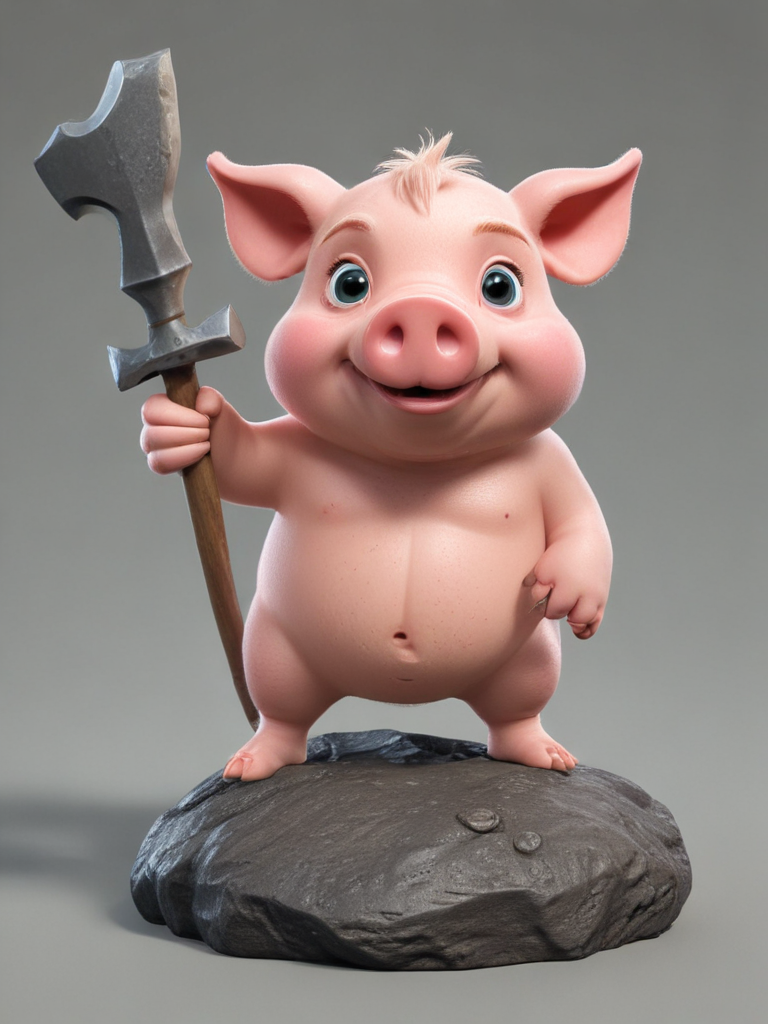 cartoon style pig holding pickaxe using it on a rock and make it a png