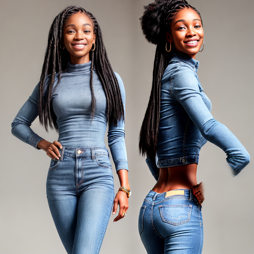 thin braids african female in jeans thin waist looking back smiling