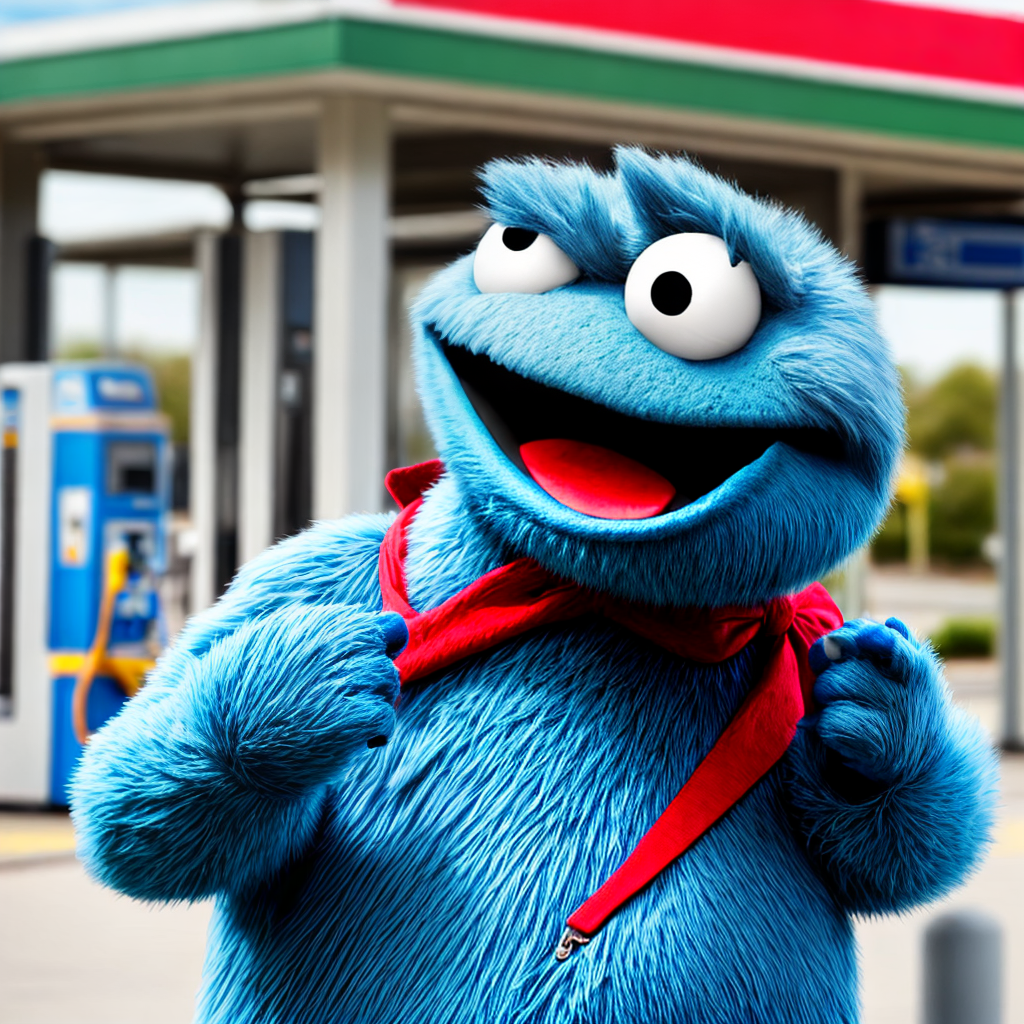 cookie monster throwing up in a gas station