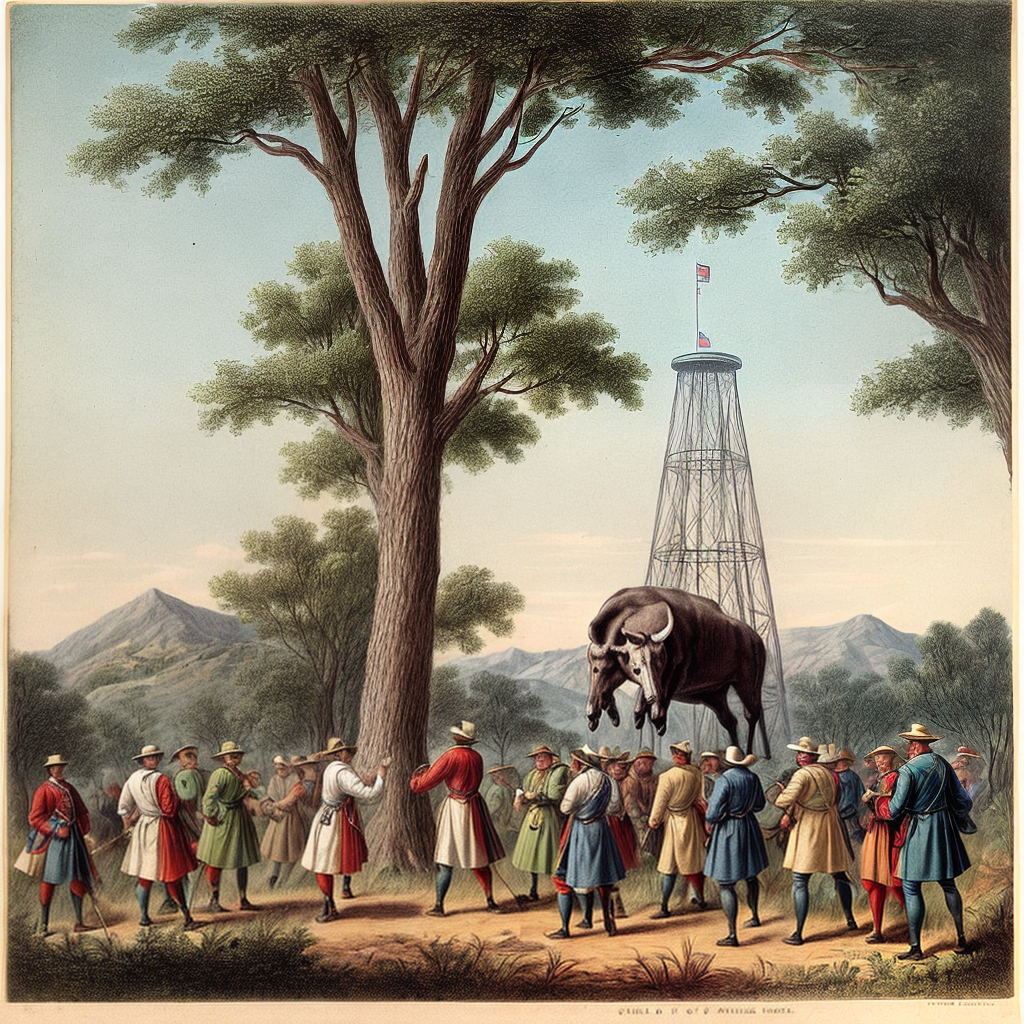 vintage picture of a circle. there is A man with bull's head pulling a ...