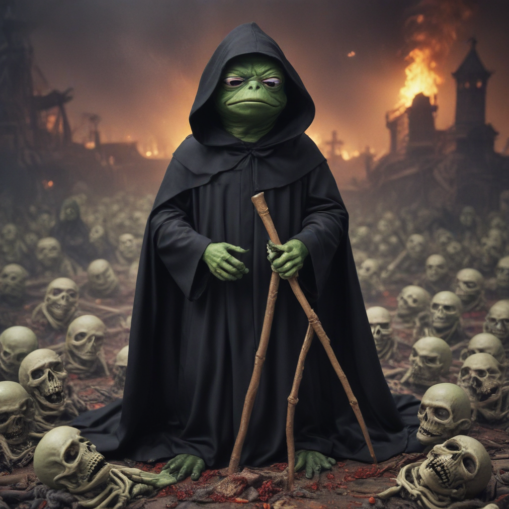 Pepe the frog in a Grim Reaper outfit standing on corpses of other Pepe ...
