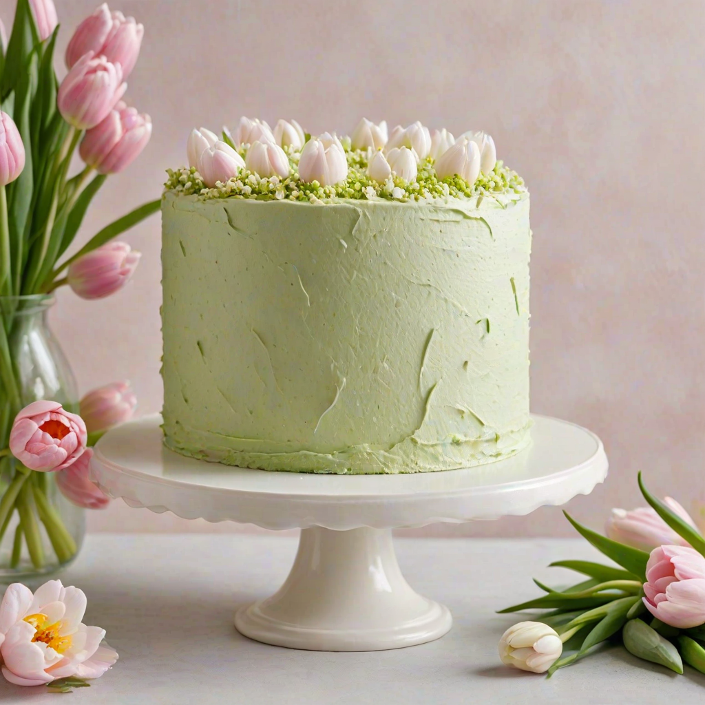 Elegant Spring Cake Decorated with Fresh Tulips and Light Green Frosting