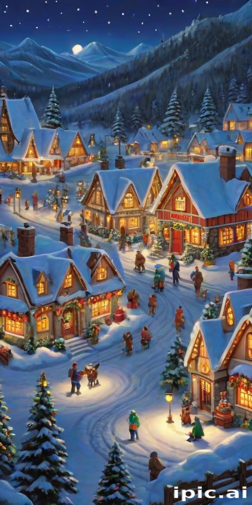 Charming Winter Village Scene with Snow-Covered Homes and Festive Lights
