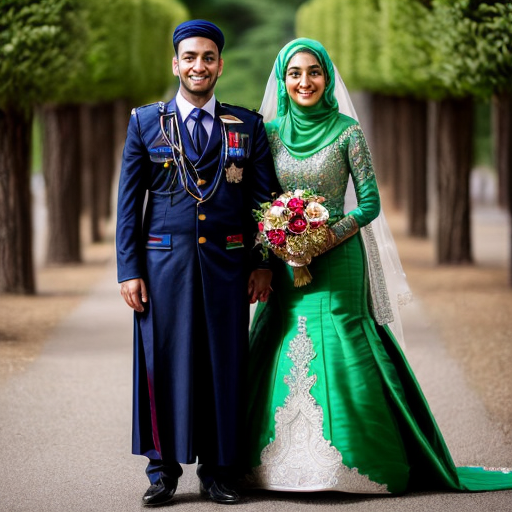 a muslim bride and groom in green attire