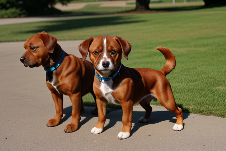 Two Playful Brown Dogs with Blue Collars Enjoying a Sunny Day Outdoors.