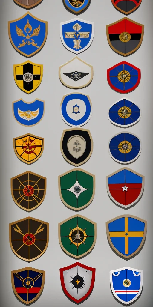 A Collection of Colorful and Unique Heraldic Shields Displayed in Rows