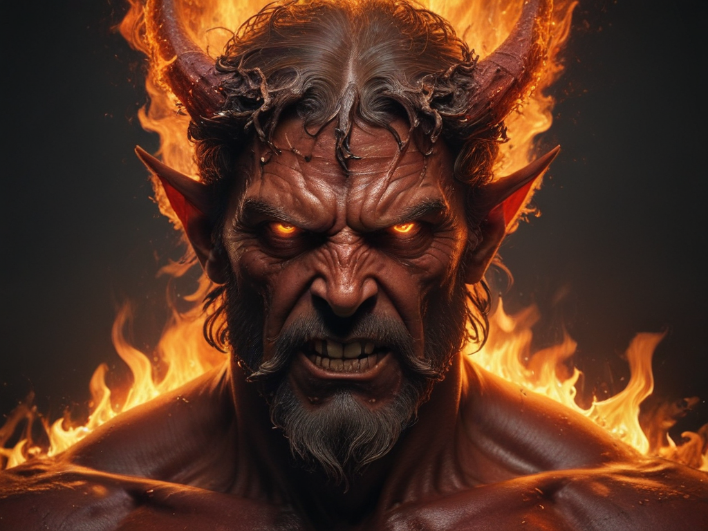 Fierce Demon with Fiery Aura and Intense Gaze in Dark Background