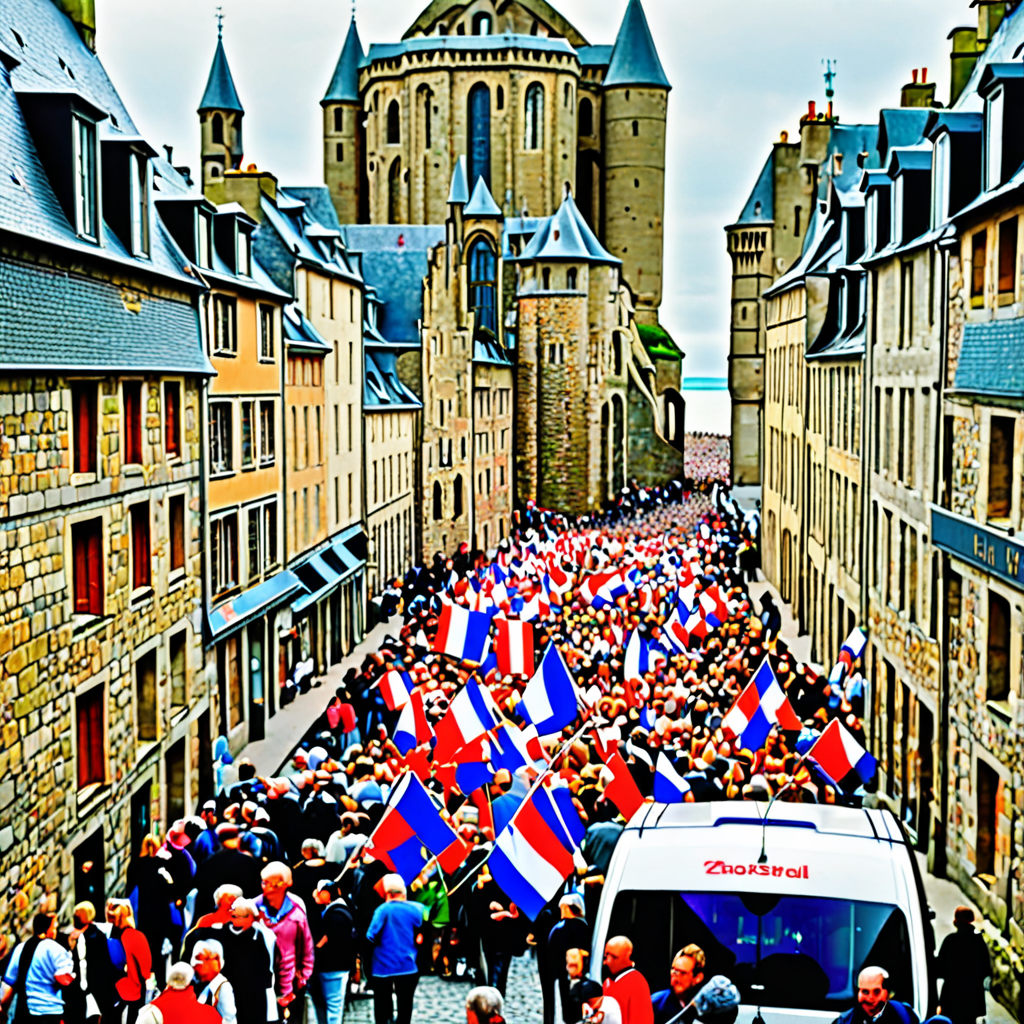 Totally overcrowded Mont Saint-Michel (France) street, with thousands ...