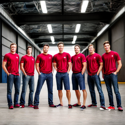 Full body frontal view of a group of barefoot preppy guys in a factory ...