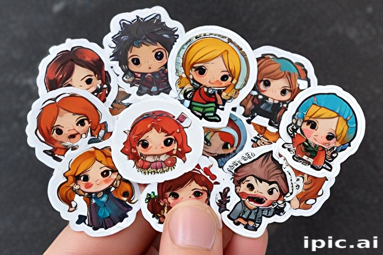 Colorful Collection of Cute Cartoon Character Stickers in a Hand.