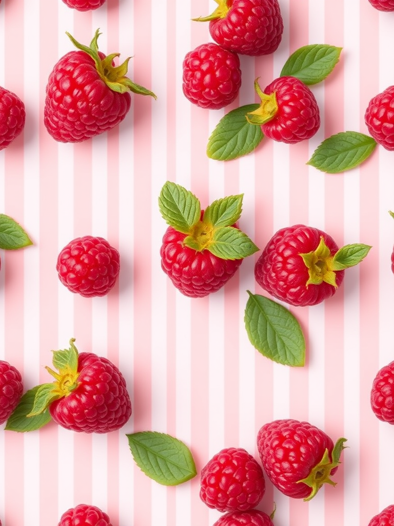 Fresh and Juicy Raspberries Decorate a Striped Pink Background with Leaves