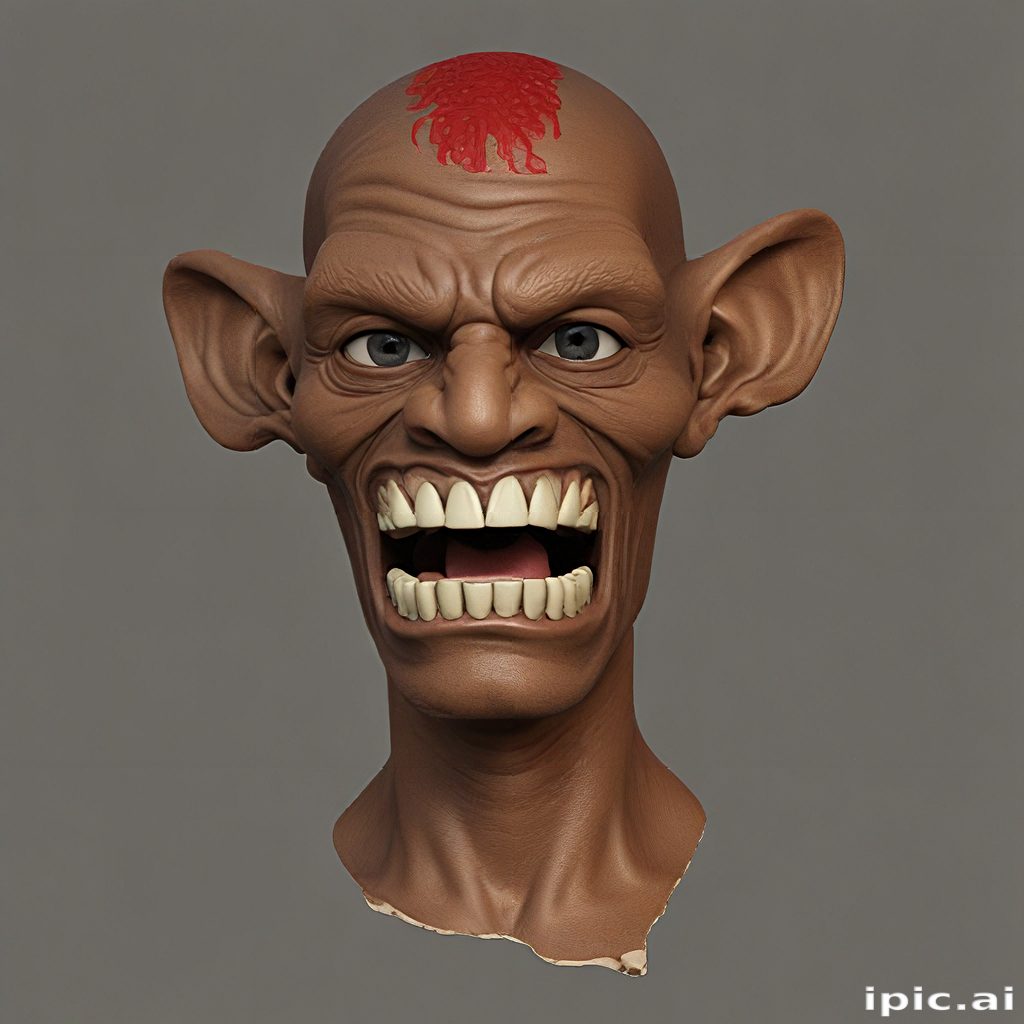 Fierce and Grinning Monster Head with Distinctive Red Hair Marking