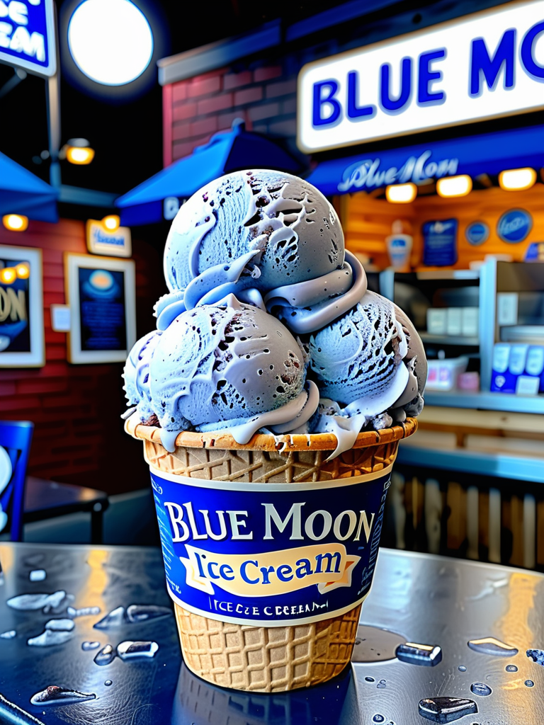 Delicious Blue Moon Ice Cream in a Waffle Cone Cup Displayed at a Parlor.