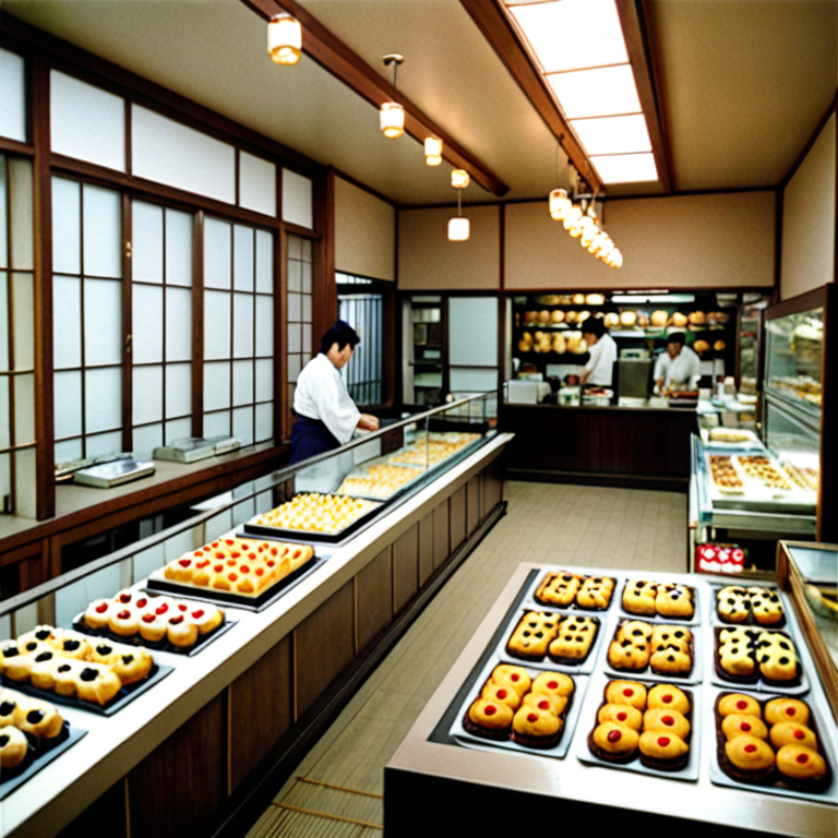 the inside of a pastry shop in the sengoku era japan. on the from is ...