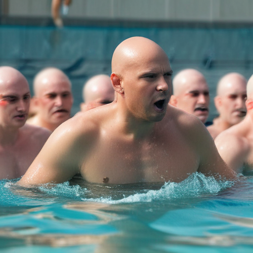 An athletic bald swimmer swims away frantically from an army of fat ...