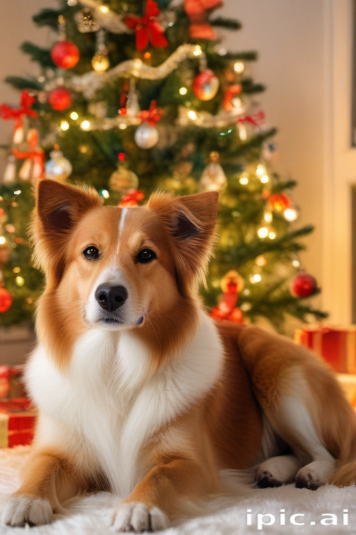 A Festive Dog Posing Gracefully in Front of a Christmas Tree.