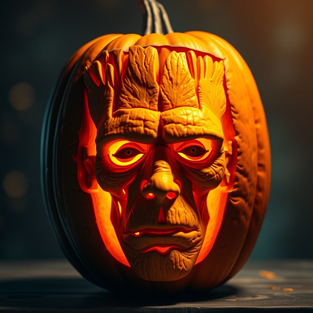 Intricate Pumpkin Carving of a Monster Face Illuminated by Candlelight