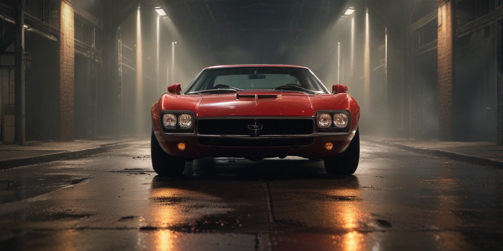 Classic Red Muscle Car Displayed in an Industrial Warehouse Setting
