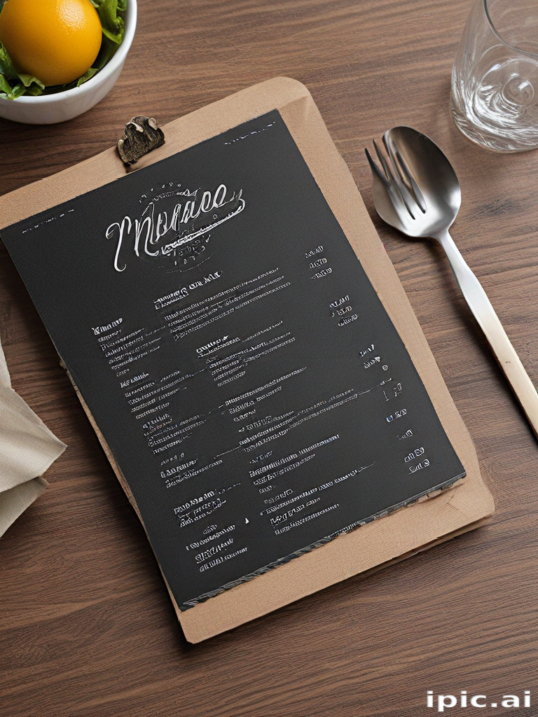 Elegant Restaurant Menu Displayed on a Wooden Table with Cutlery