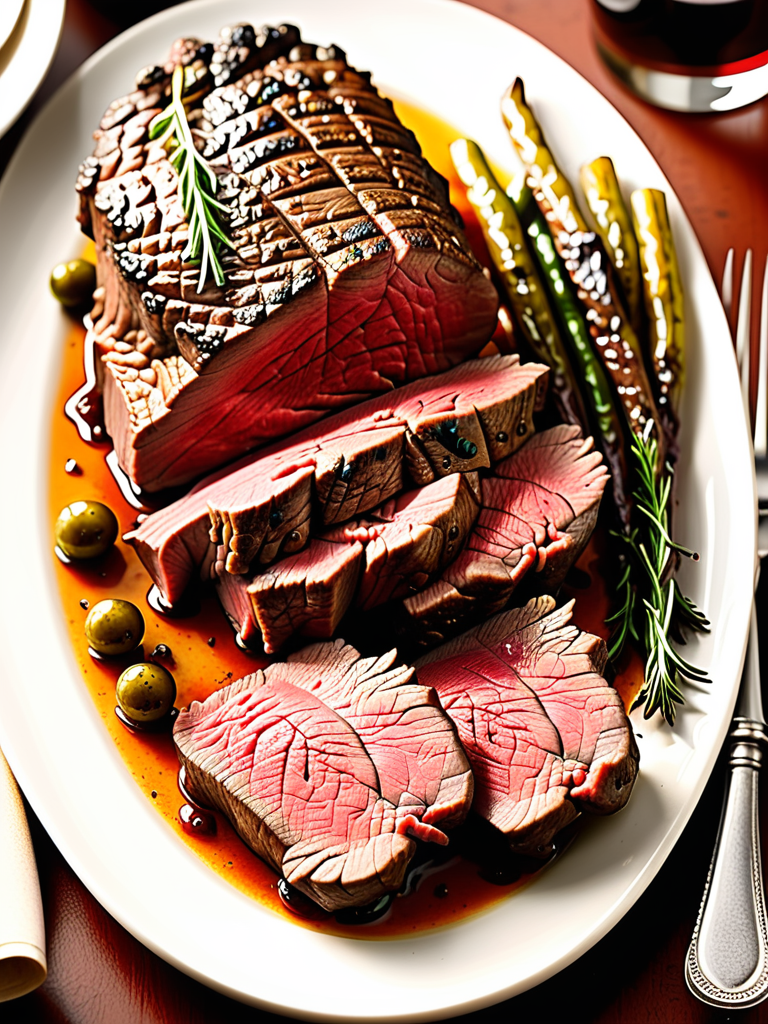 A Deliciously Cooked Roast Beef Platter with Fresh Herbs and Olives