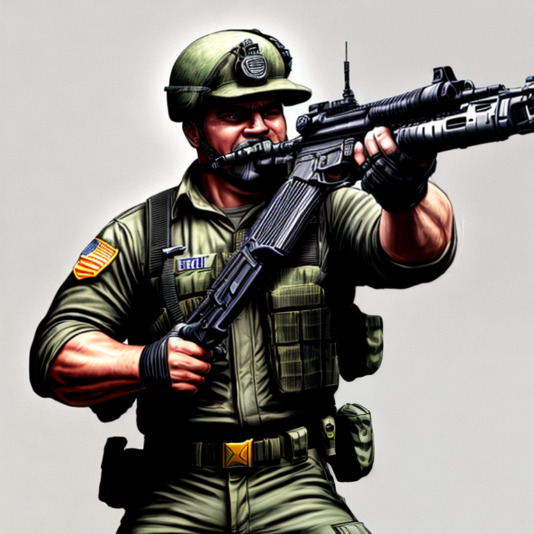 a bull dog soldier screaming and shooting in cartoon style, whit a m4 a ...