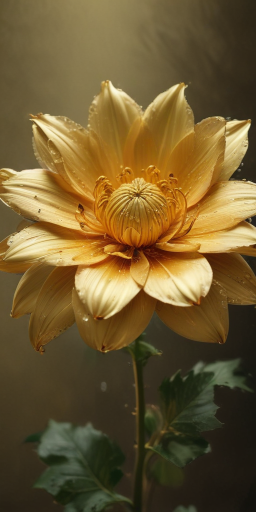 Radiant Golden Flower Blooming Under Soft Light with Dew Drops