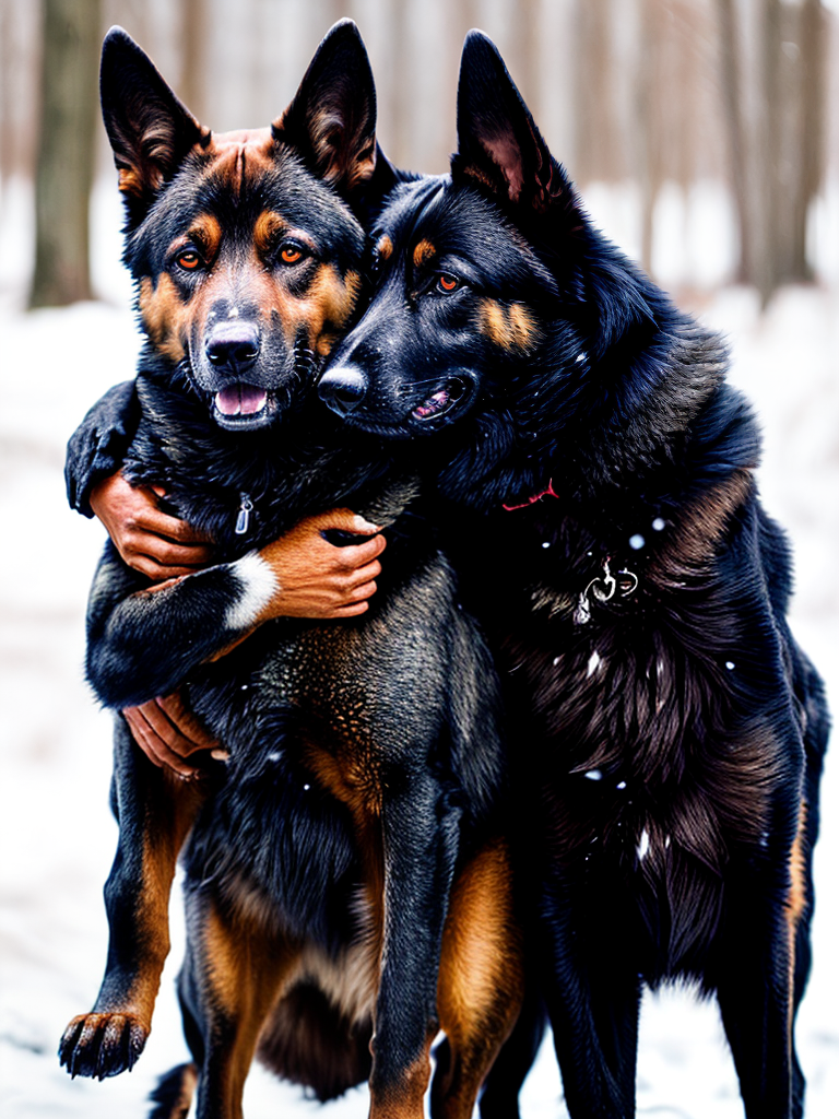 a dark-skinned hugging a German shepherd in winter