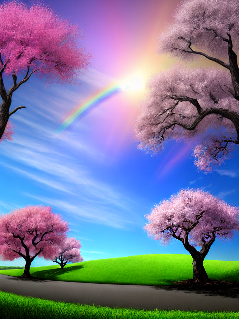 rainbow behind a cherry tree mural simple