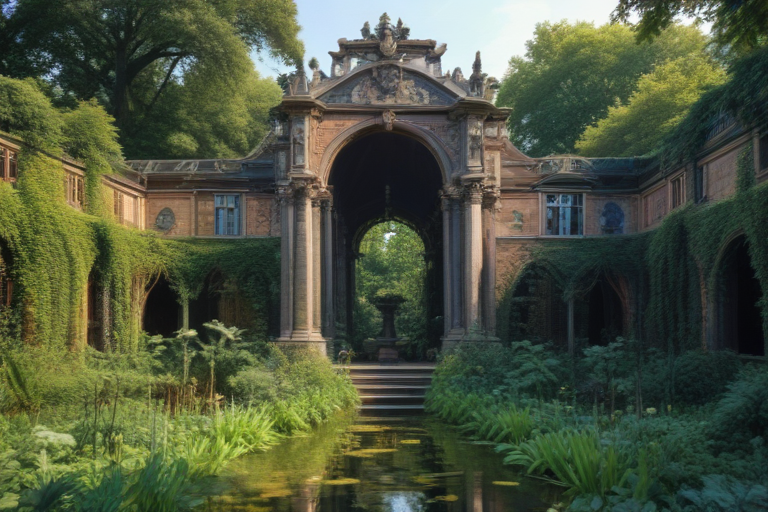 Etching of an enormous cascade in a ruinously palace garden, in the ...
