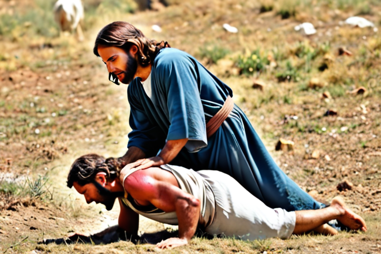 Jesus Christ on his back helping an injured person to get up from the ...