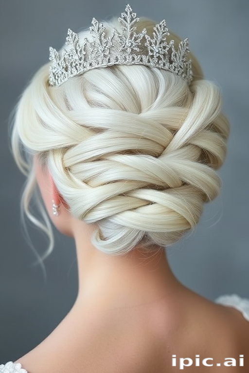 Elegant Bridal Updo with Intricate Braiding and Sparkling Silver Tiara