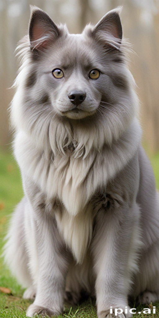 A Majestic Grey Dog with Striking Features Sitting Proudly Outdoors.