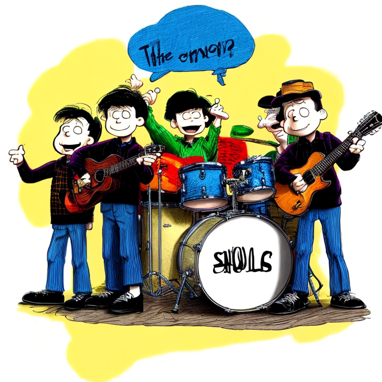 A cartoon drawing in the style of Peanuts of a rock and roll band.