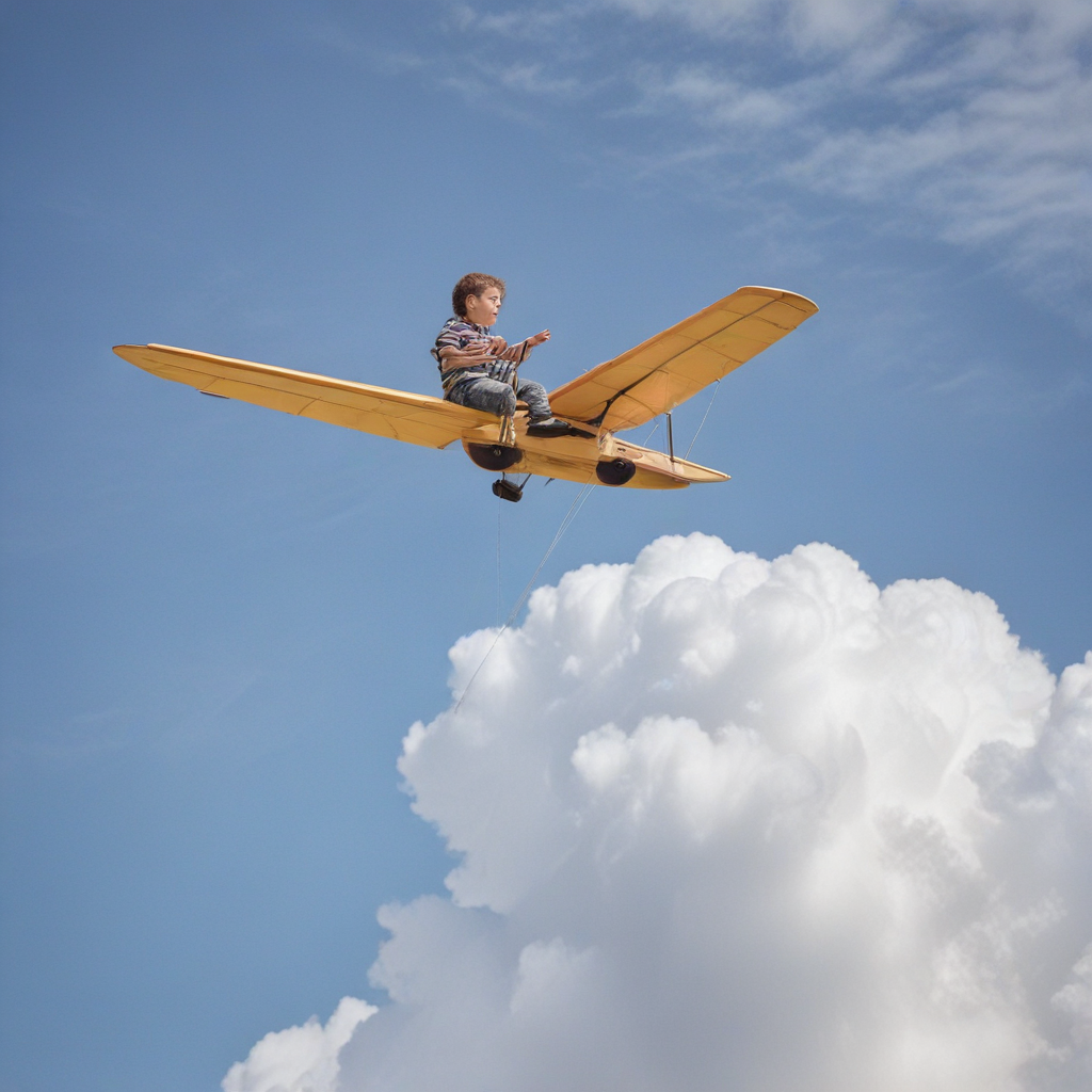 kid on a glider flying in the sky