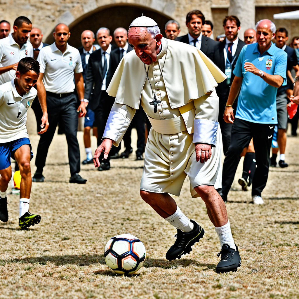 Pope Francis in shorts dribbles with a soccer ball