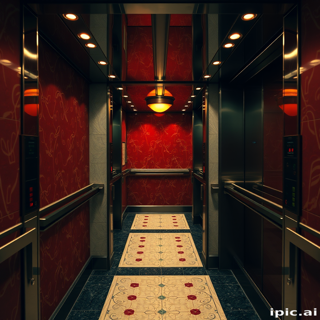 Elegant Elevator Interior with Red Walls and Stylish Decorative Flooring
