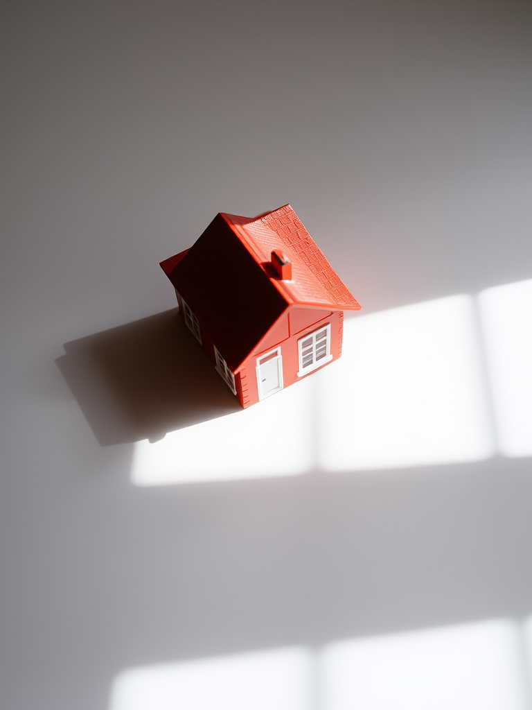 A Brightly Lit Red Model House Casting Shadows on a White Surface.
