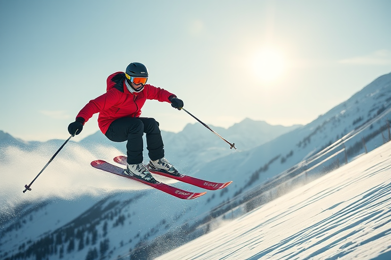 Thrilling Ski Adventure: Skier Leaps High Above Snowy Mountain Landscape