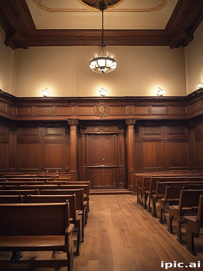Elegant Wood-paneled Courtroom with Rows of Benches and Decorative Lighting