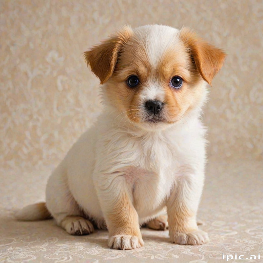 Adorable Puppy with Fluffy Coat Sitting Cutely on Elegant Background.