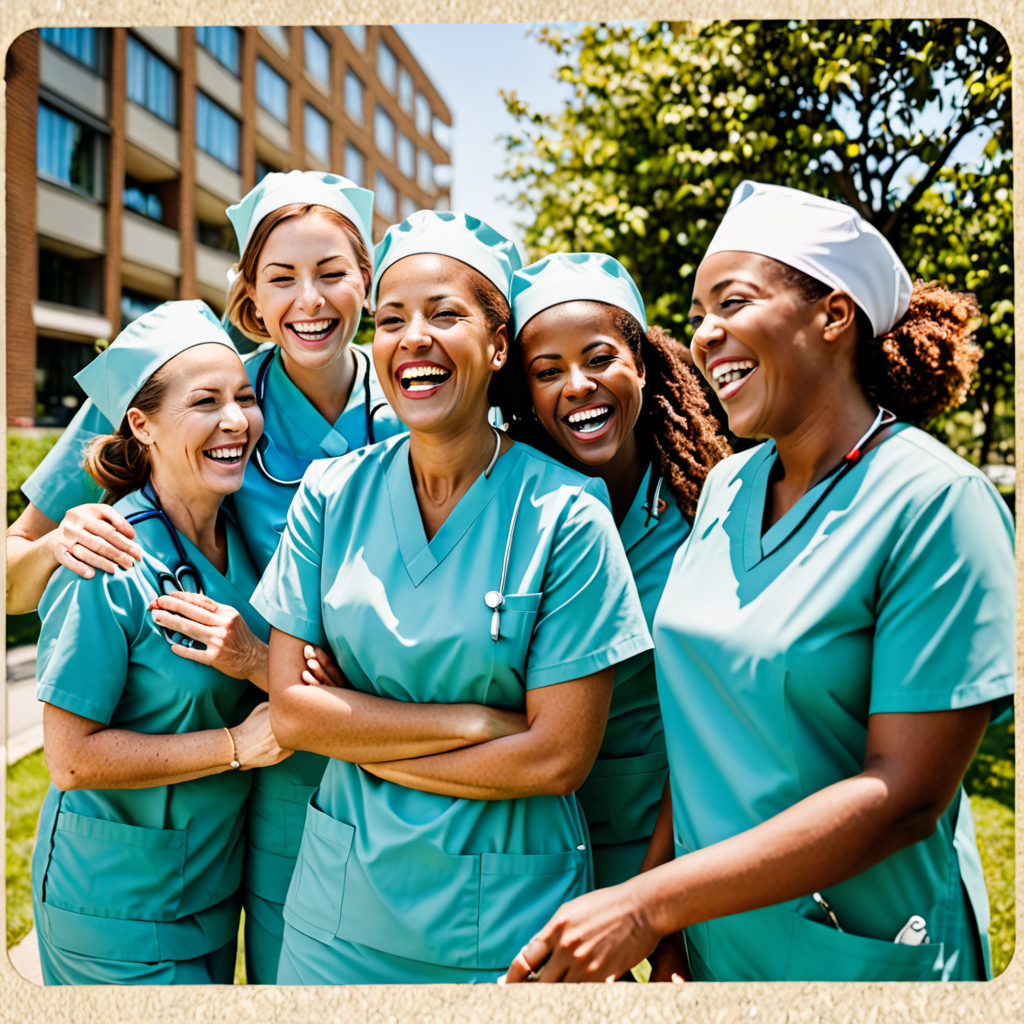 a group of nurses outside laughing on a sunny day