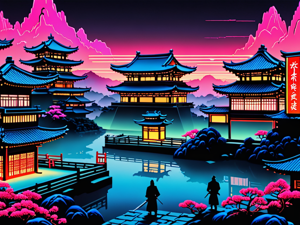 surreal neon asian ninja landscape art