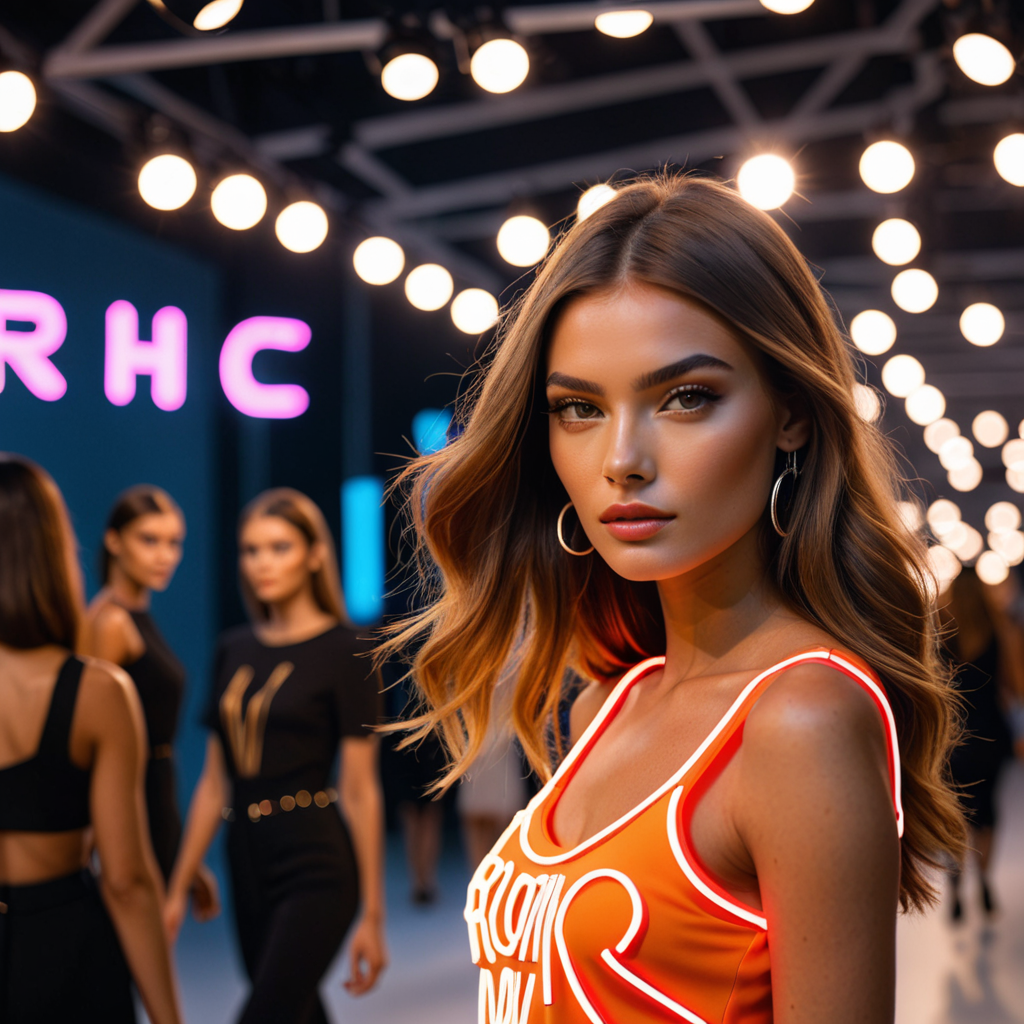 analog photo, fashion models at catwalk, the neon letters AF clearly in ...