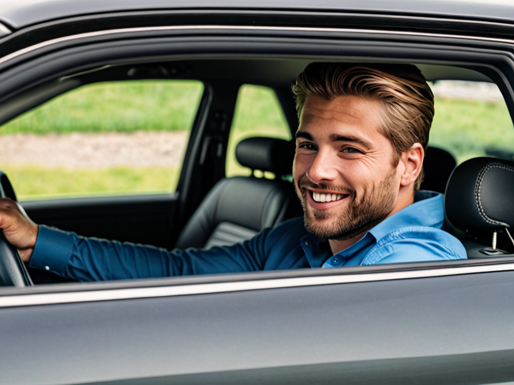 male driver in a car, full car side view, saying hi