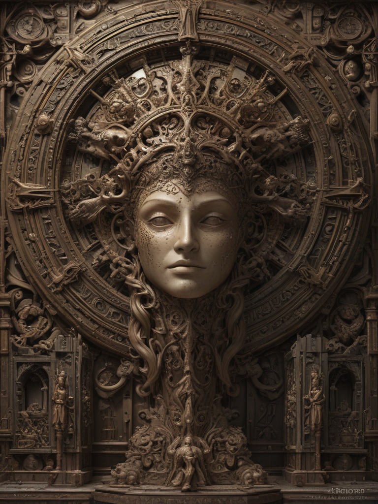 Intricate Steampunk Sculpture of a Face Surrounded by Elaborate Designs