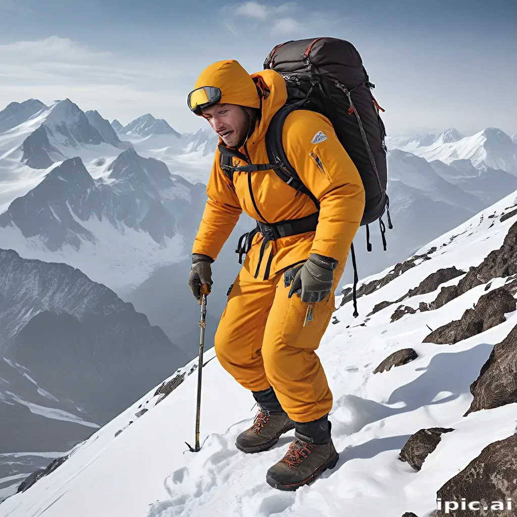 Adventurer Climbing Snowy Mountain Peak in Bright Orange Gear