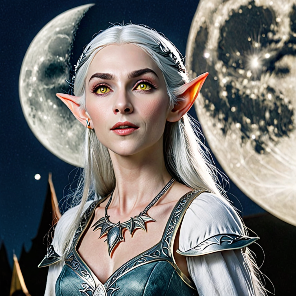 a female elf with very pale skin and silver hair with white highlights ...