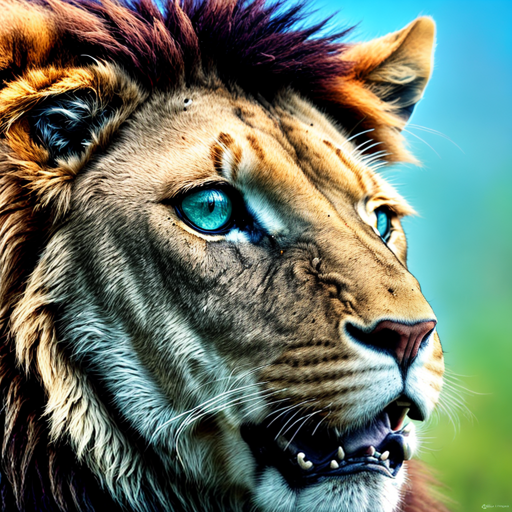 The head of a male lion, Color with cool shades of blue-green ...